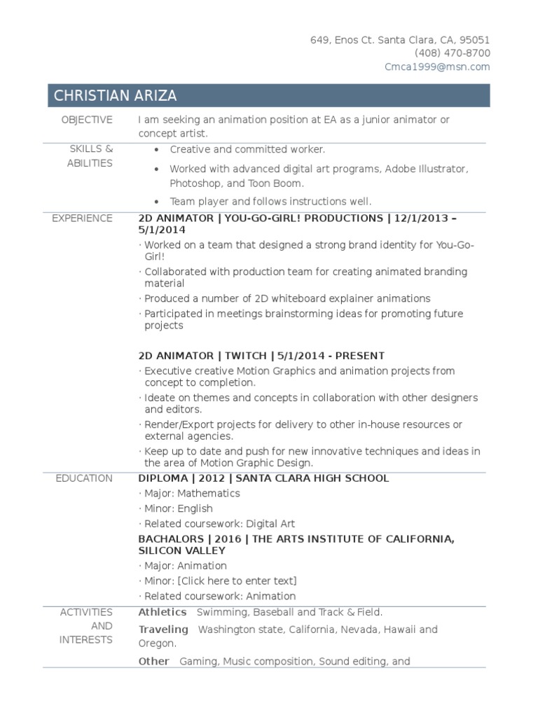 Christian Ariza: Junior Animator Resume | PDF | Art