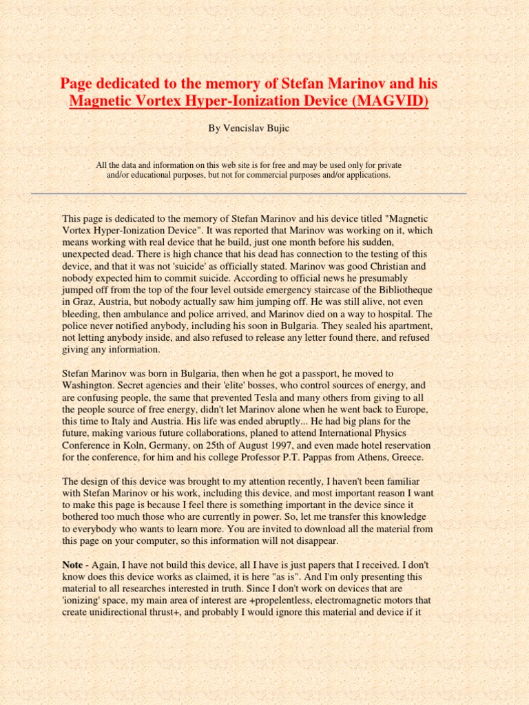 Stefan Marinov's Magnetic Vortex Hyper-Ionization Device (MAGVID) | PDF ...