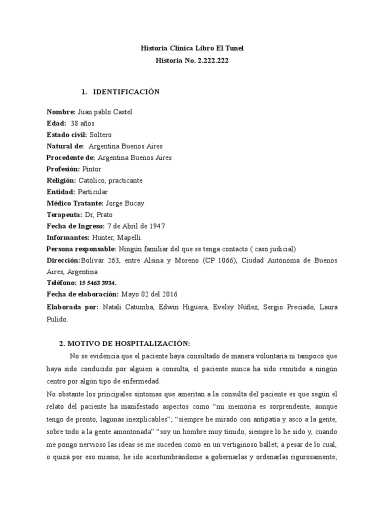 Historia Clinic A Juan Pablo Castel (EL TUNEL) ) | PDF | María, madre ...