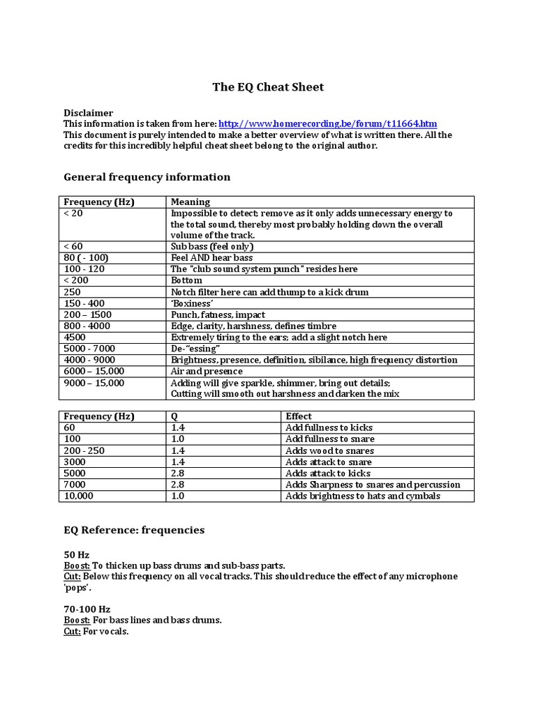EQ Cheat Sheet | PDF | Drum Kit | Equalization (Audio)