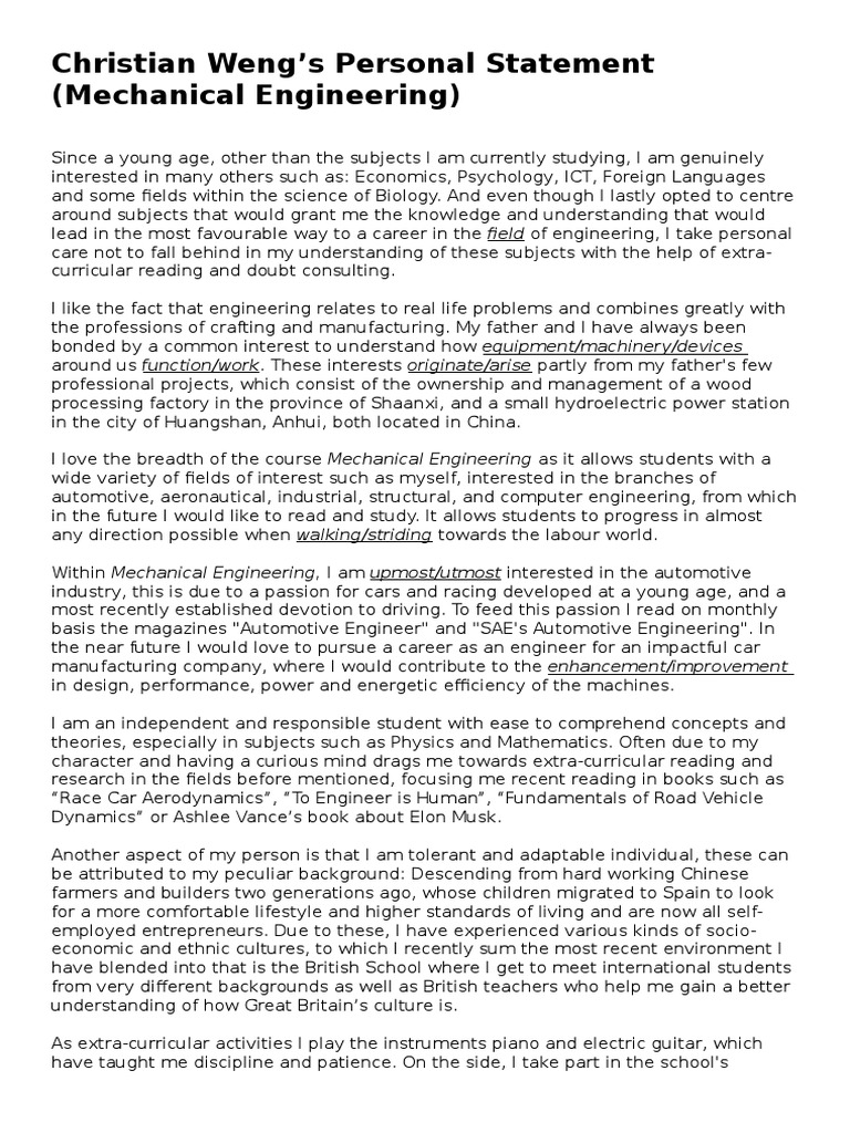 Personal Statement | PDF | Engineering | Mechanical Engineering