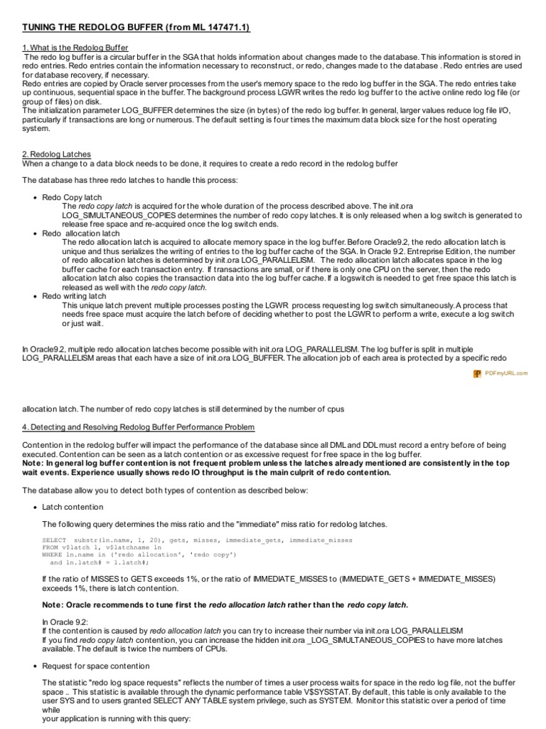 Tune Redo Log Buffer - HTML | PDF | Cache (Computing) | Databases