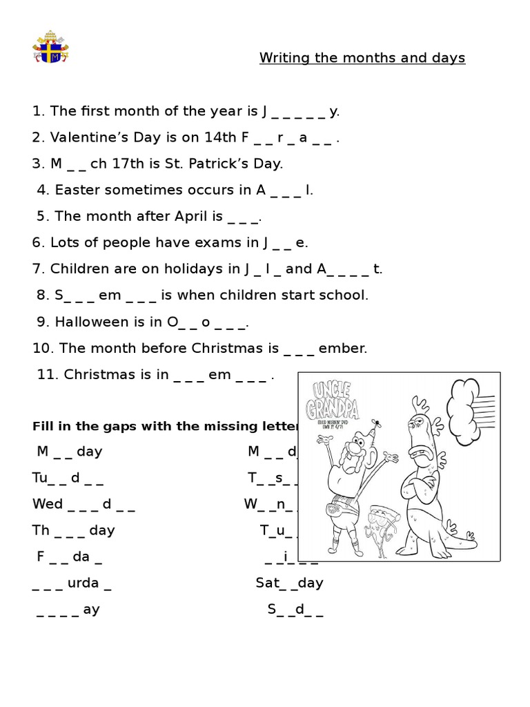 Fill in Missing Letters: Months & Days | PDF | Language Arts & Discipline