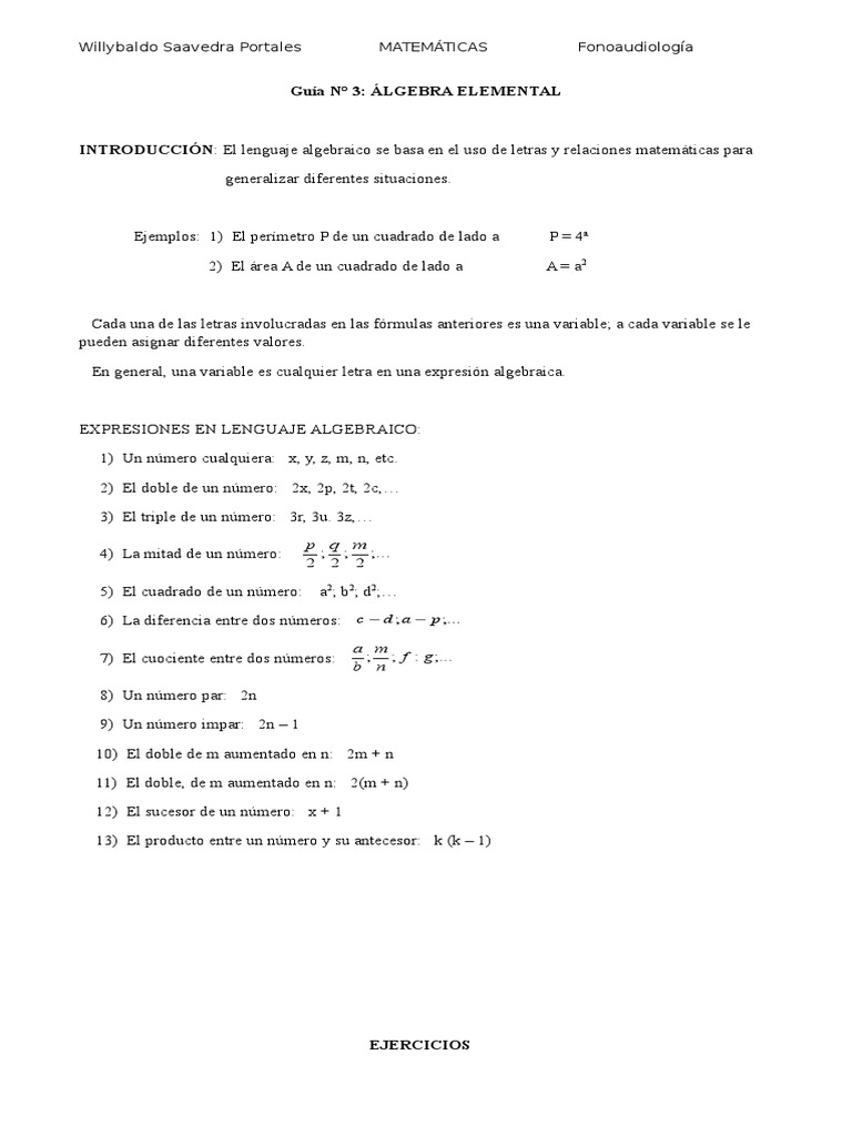 Guía 3 - Álgebra Elemental | PDF | Fórmula | Multiplicación