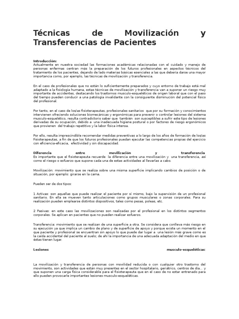 Técnicas de Movilización y Transferencias de Pacientes | PDF ...