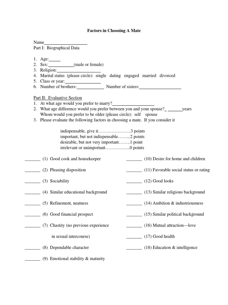 Mate Preferences Questionnaires | PDF | Sexual Reproduction ...