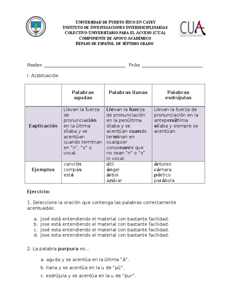 Repaso de Español para Séptimo Grado | PDF | Palabra | Oración ...
