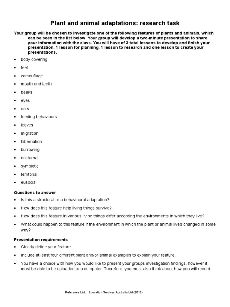 Plant and Animal Adaptations Project Guide | PDF | Language Arts ...
