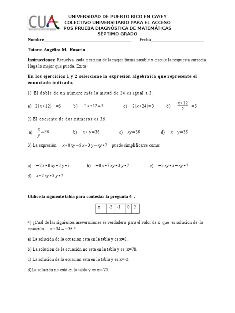 Prueba Diagnóstica Matemáticas 7mo Grado | PDF | Ecuaciones | Objetos ...