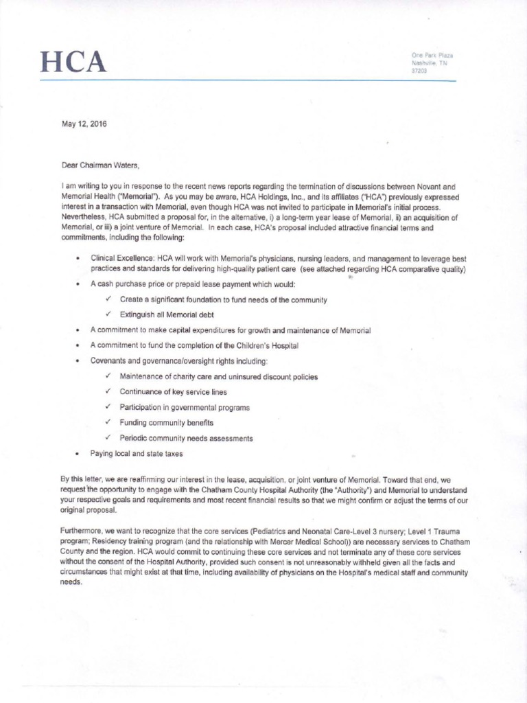 Letter To Mr. Waters - Memorial Novant Pact | PDF | Wellness | Medical