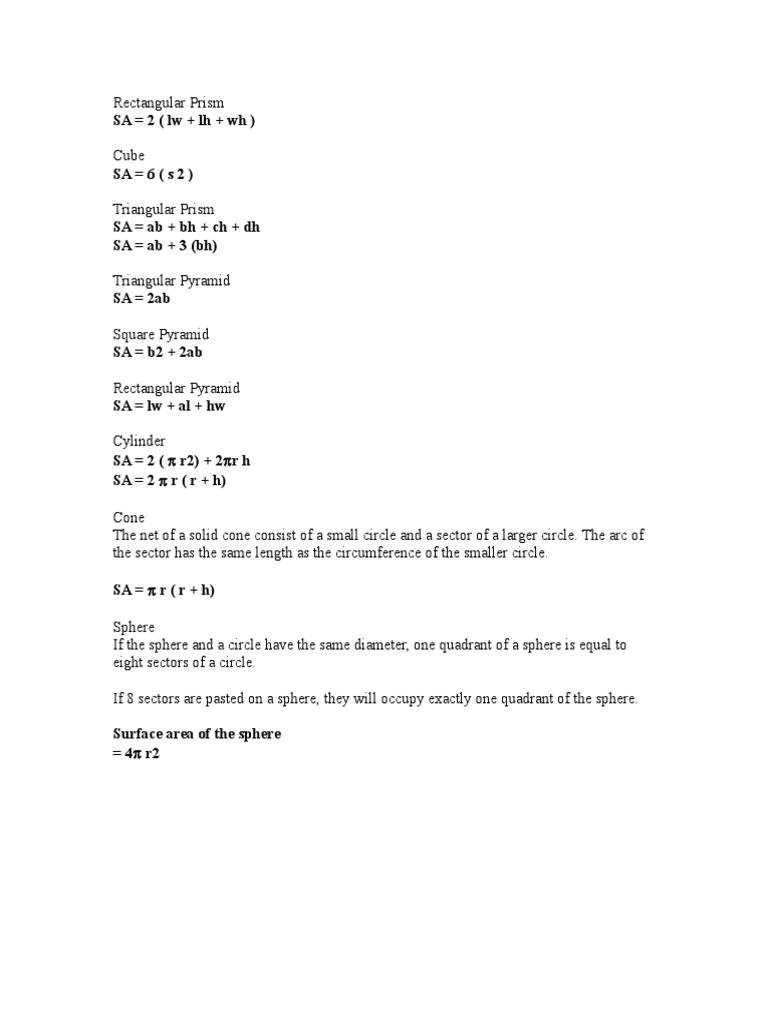 Surface Area Formulas for Solids | PDF | Area | Sphere