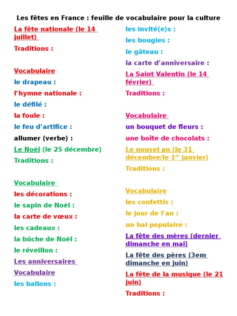 Vocabulaire des fêtes en France | PDF | Art