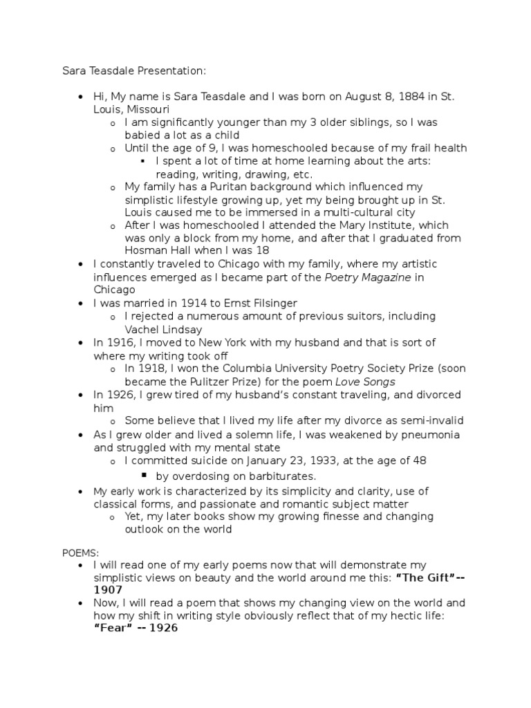 Sara Teasdale: A Poet's Journey | PDF