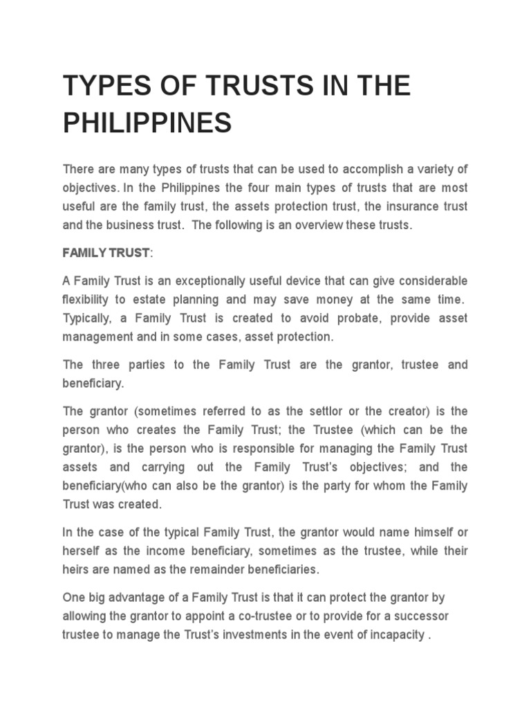 An Overview of the Main Types of Trusts Used in the Philippines: Family Trusts, Asset Protection ...