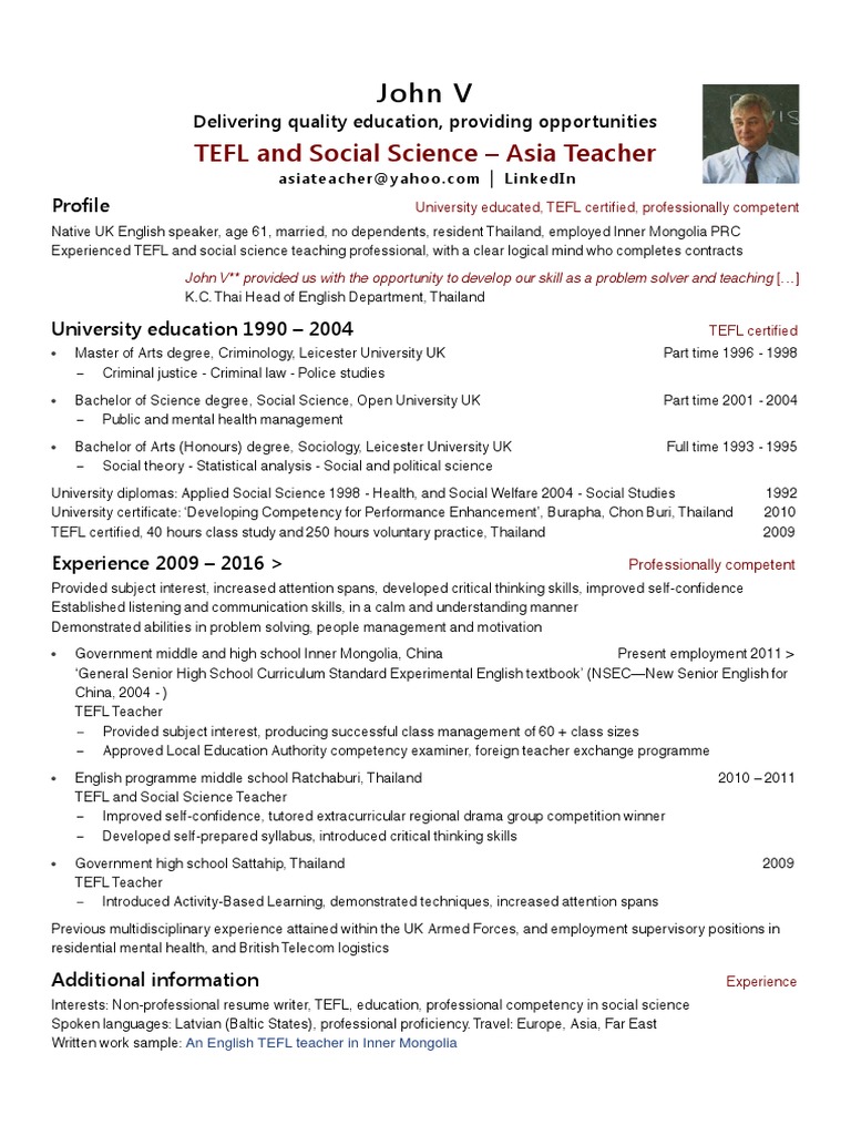 John V TEFL Resume 2016 PDF | PDF | Teaching English As A Foreign ...
