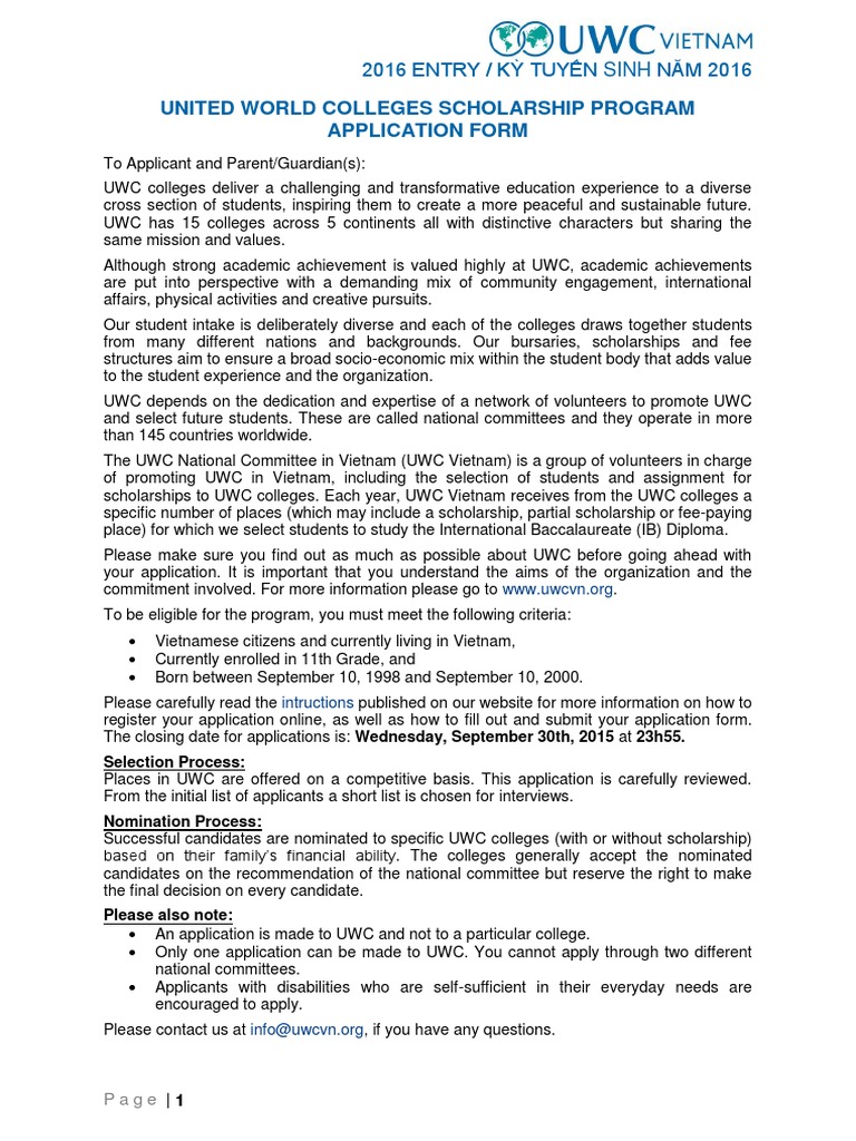 2016 UWC Vietnam Application Form PDF | PDF
