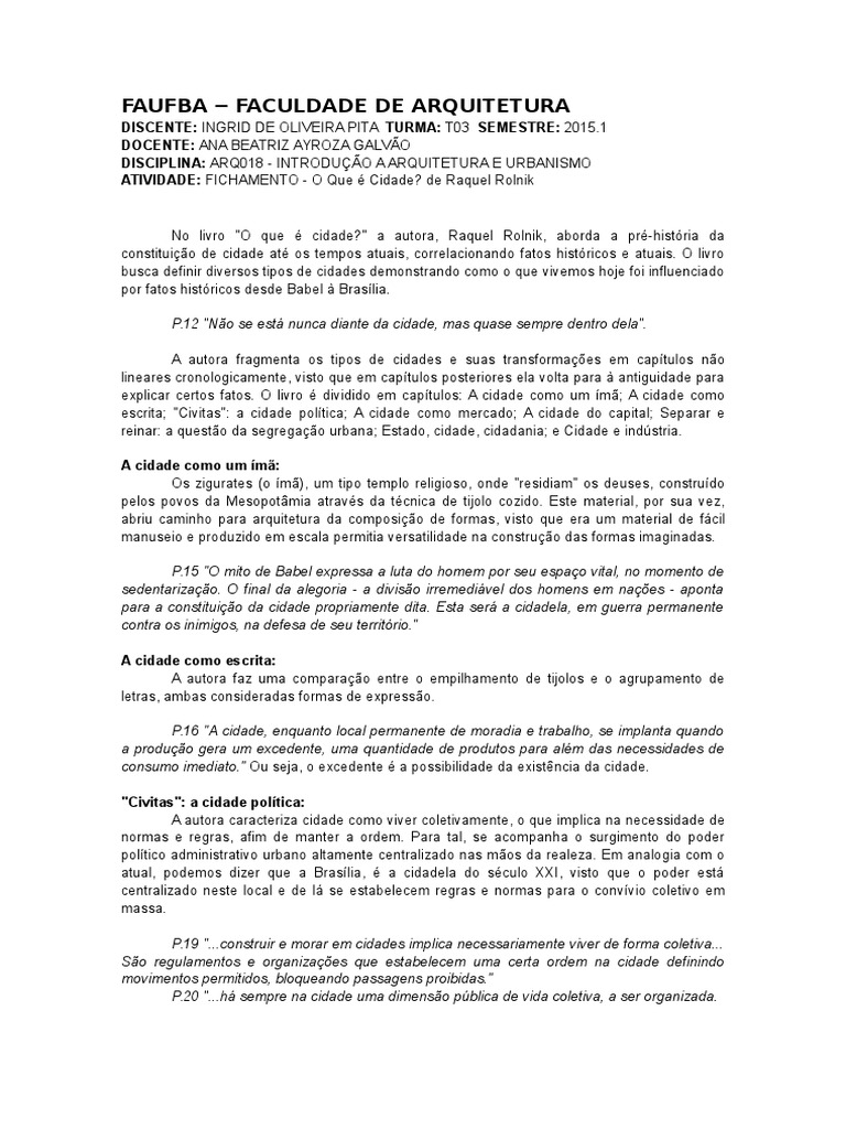 Fichamento_O Que é Cidade?_Raquel Rolnik | PDF | Cidade | Indústrias