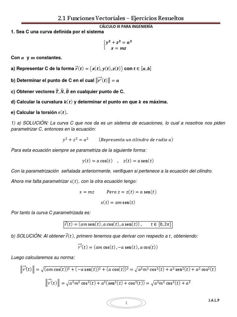 2.1 Funciones Vectoriales - Ejercicios Resueltos | PDF | Curva | Vector Euclidiano