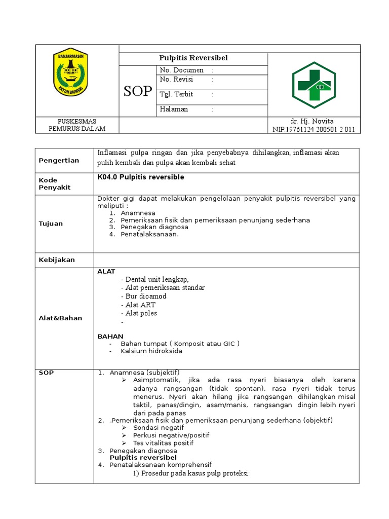15 SOP TEKNIS (Pulpitis Reversibel) | PDF