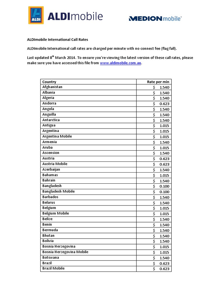 ALDImobile International Call Rates | PDF | Business