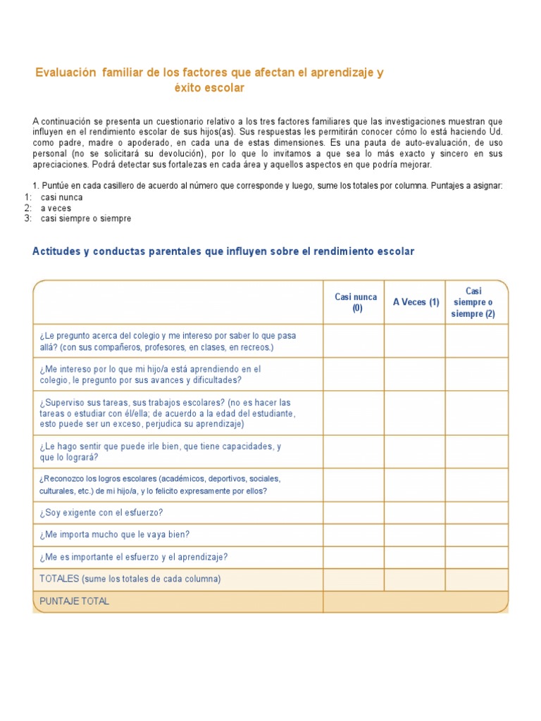Evaluación Familiar de Los Factores Que Afectan El Aprendizaje y Éxito ...