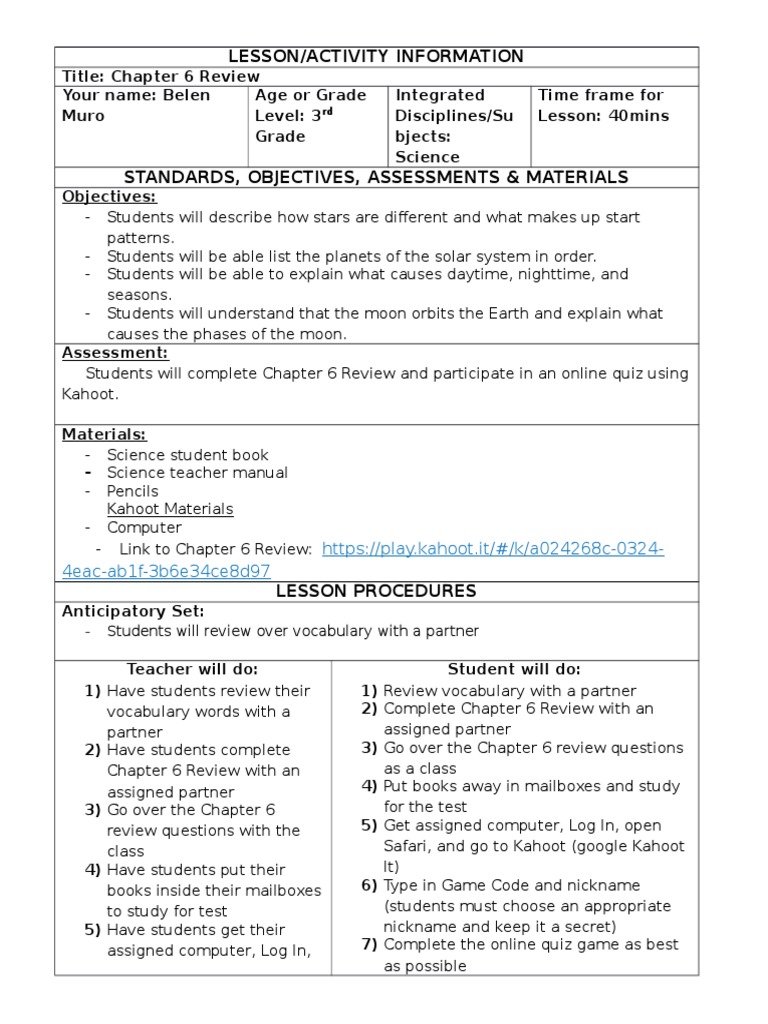 Science Chapter 6 Review Kahoot Lesson Plan | PDF | Educational ...