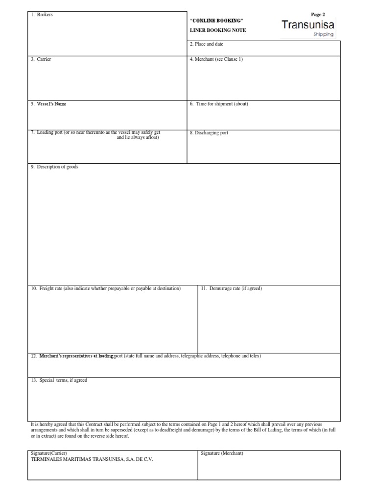 Booking Note Format TRANSUNISAS | PDF | Cargo | Bill Of Lading