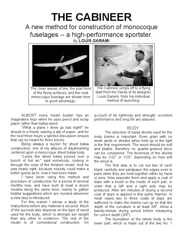 The Cabineer - A Free-Flight Model Airplane | PDF | Wood | Aviation
