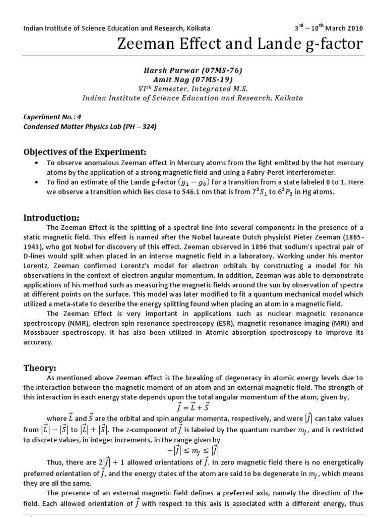 Zeeman Effect and Lande G-Factor | PDF | Spin (Physics) | Energy Level