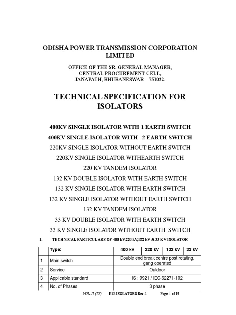 Technical Specification For 33KV Isolators | PDF | Transformer | Switch