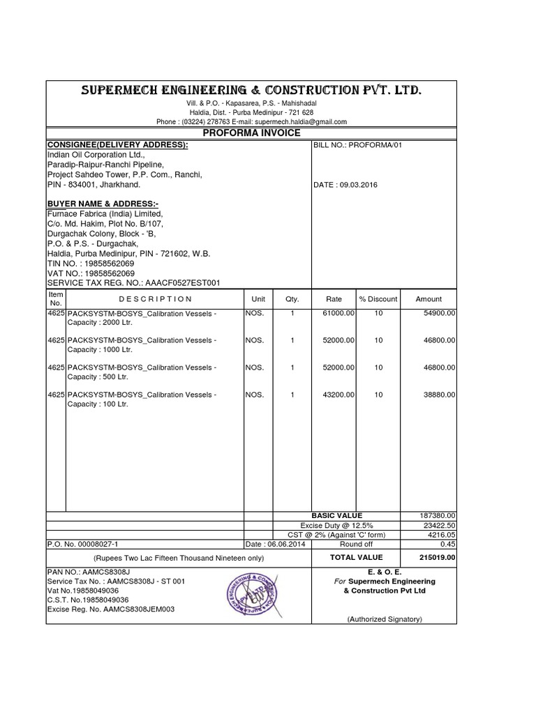 Calibration Vessels Proforma Invoice | PDF