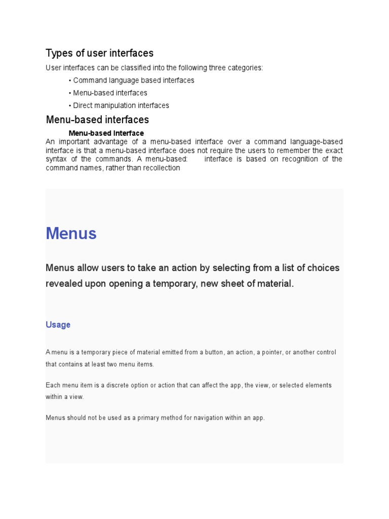 Menus: Types of User Interfaces | PDF | Menu (Computing) | User Interface