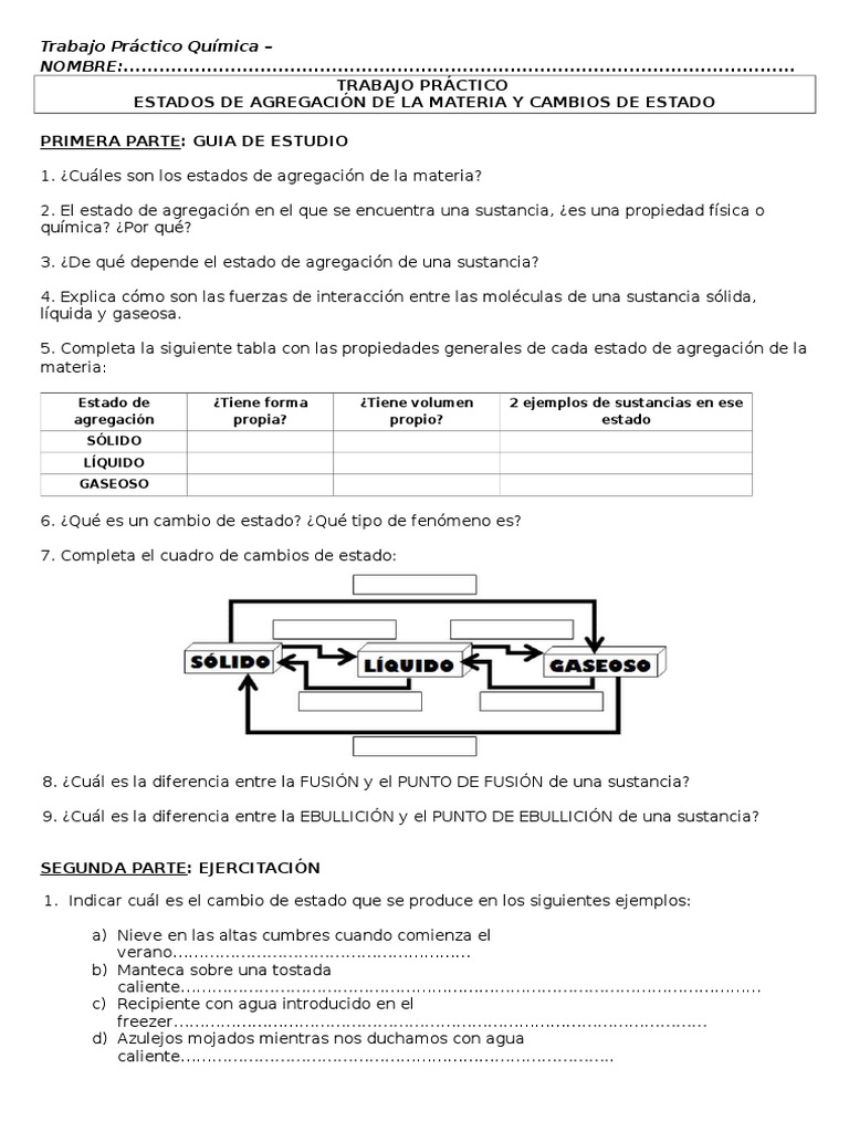 Hoja De Trabajo Sobre Cambios En Los Estados De La Materia