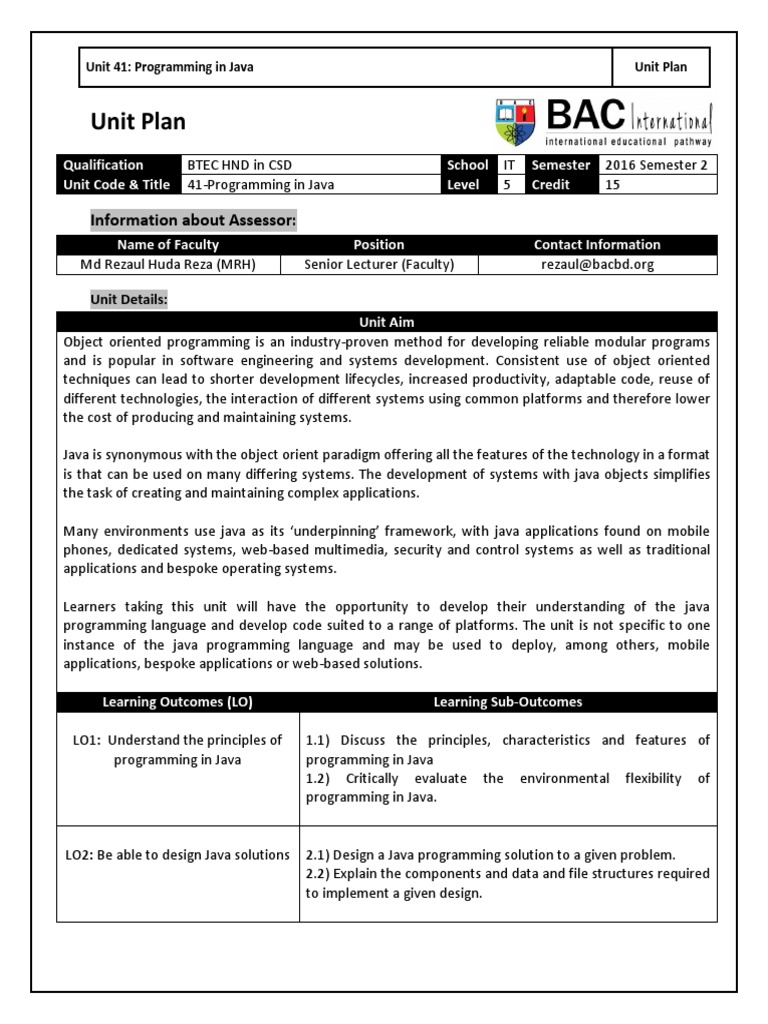 Unit 41 Unit Plan | PDF | Java (Programming Language) | Java Virtual ...