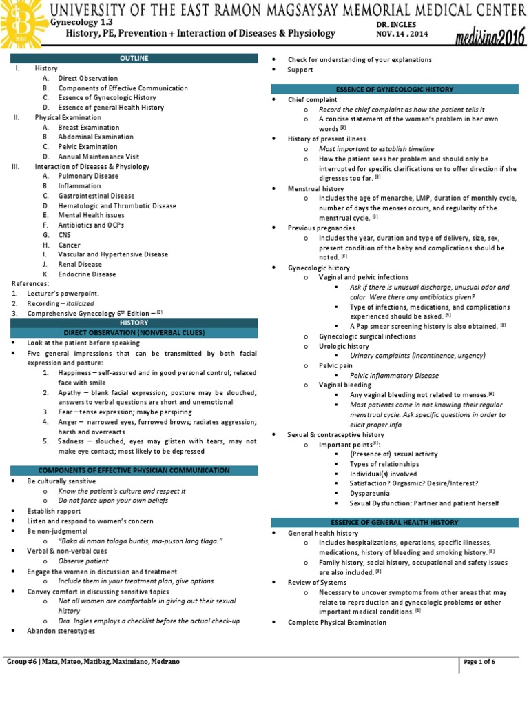 1 GYNE 3 - History, PE, Prevention Interaction of Disease and Physiology | PDF | Menstrual Cycle ...