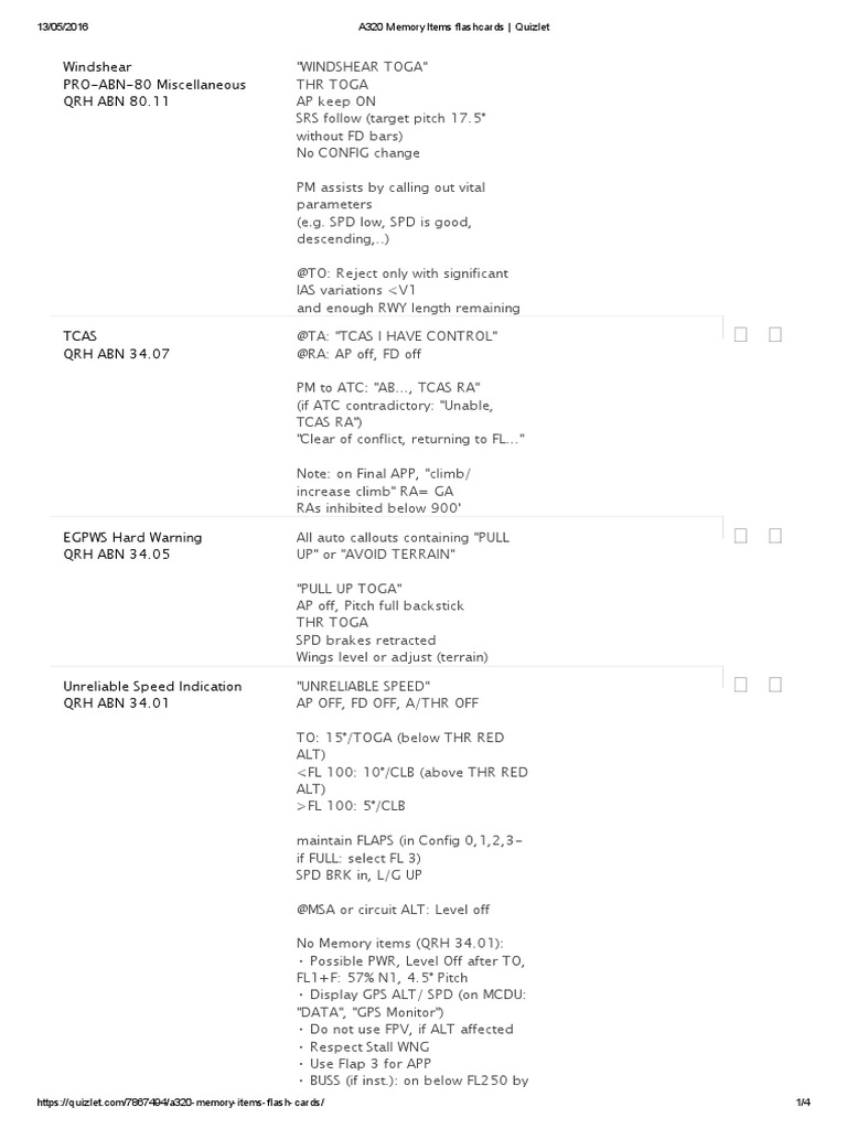 A320 Memory Items Flashcards - Quizlet | PDF | Stall (Fluid Mechanics) | Aerospace