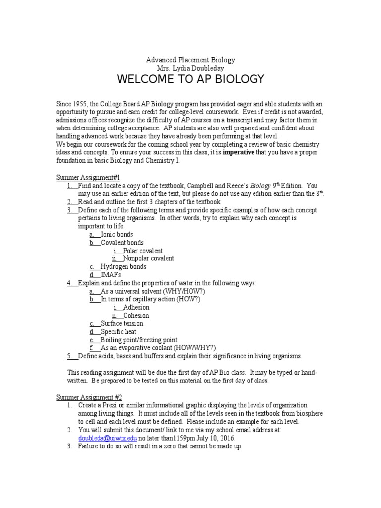 AP Biology Summer Assignments Guide | PDF | Advanced Placement ...