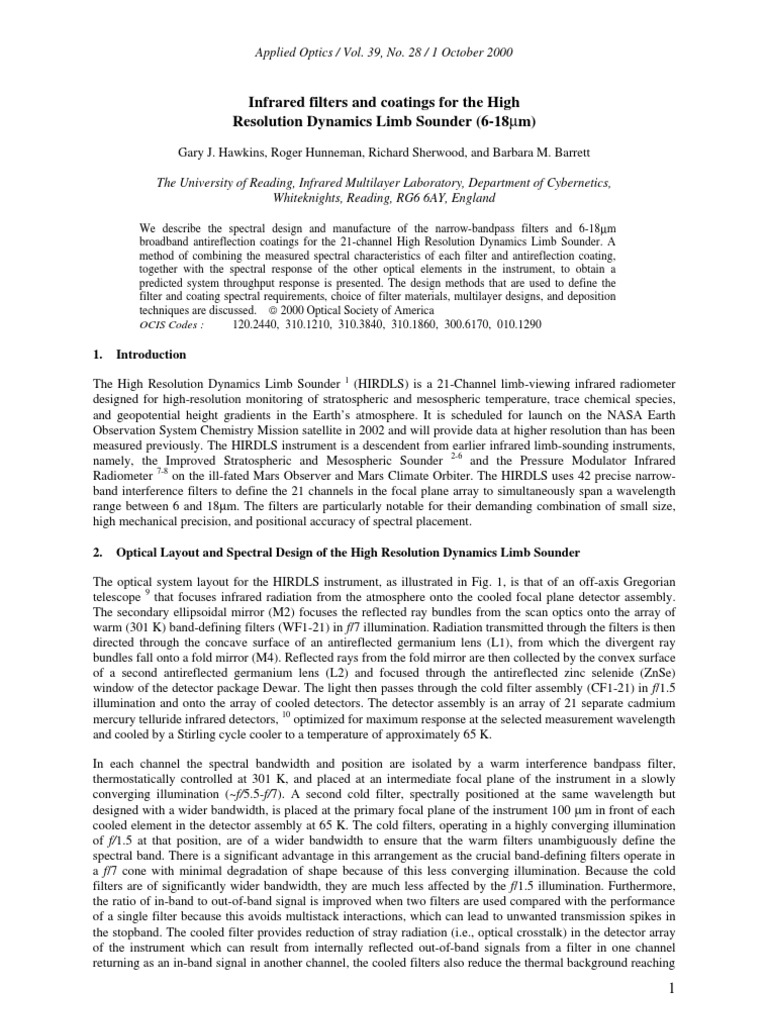 Infrared Filters and Coatings For The High | PDF | Optical Filter ...