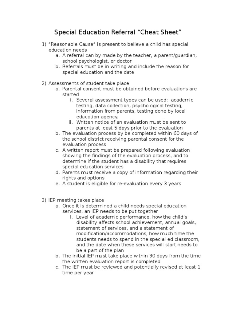 Special Education Referral "Cheat Sheet" | PDF