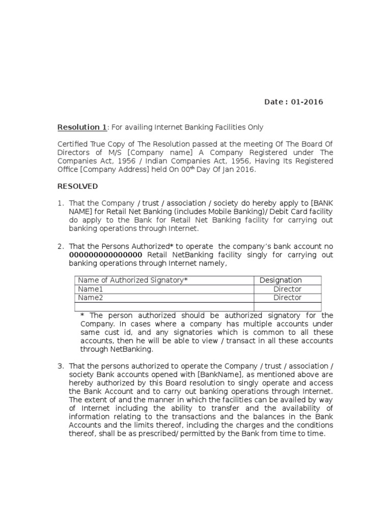 Board Resolution Format | Online Banking | Banks