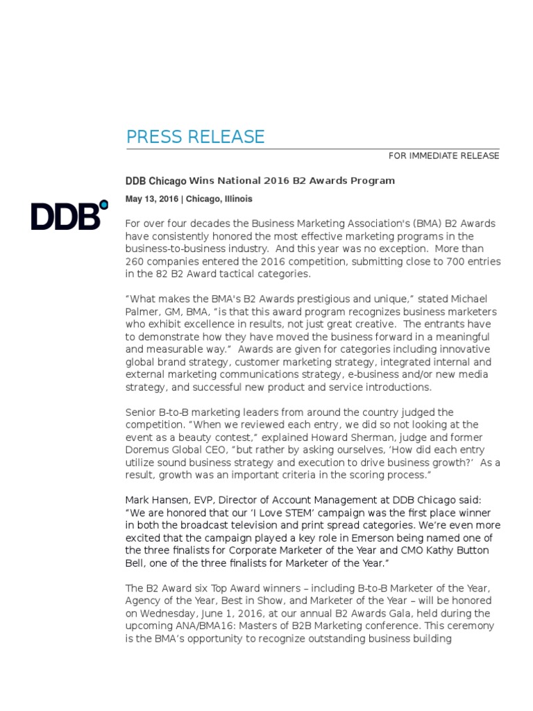 DDB Chicago Wins National 2016 B2 Awards Program | PDF | Strategic ...