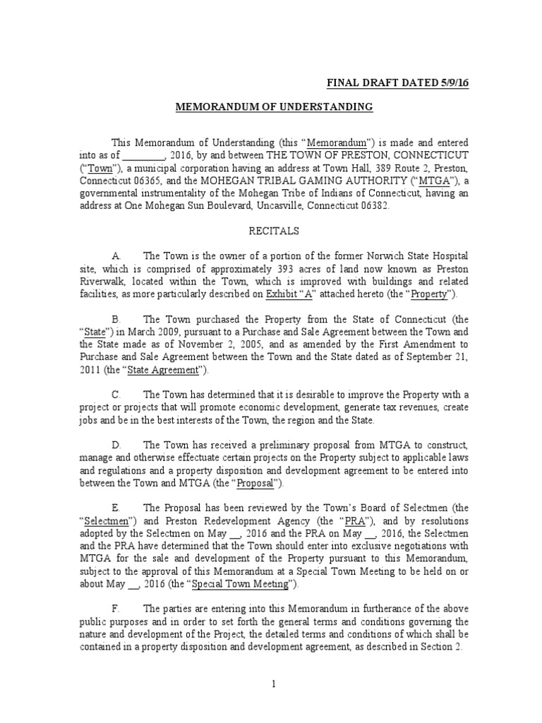 Memorandum of Understanding - MTGA Town of Preston May 2016 | PDF | Indemnity | Grammatical Gender
