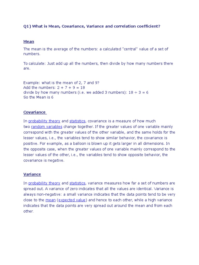 Q1) What Is Mean, Covariance, Variance and Correlation Coefficient? | PDF | Securities (Finance ...