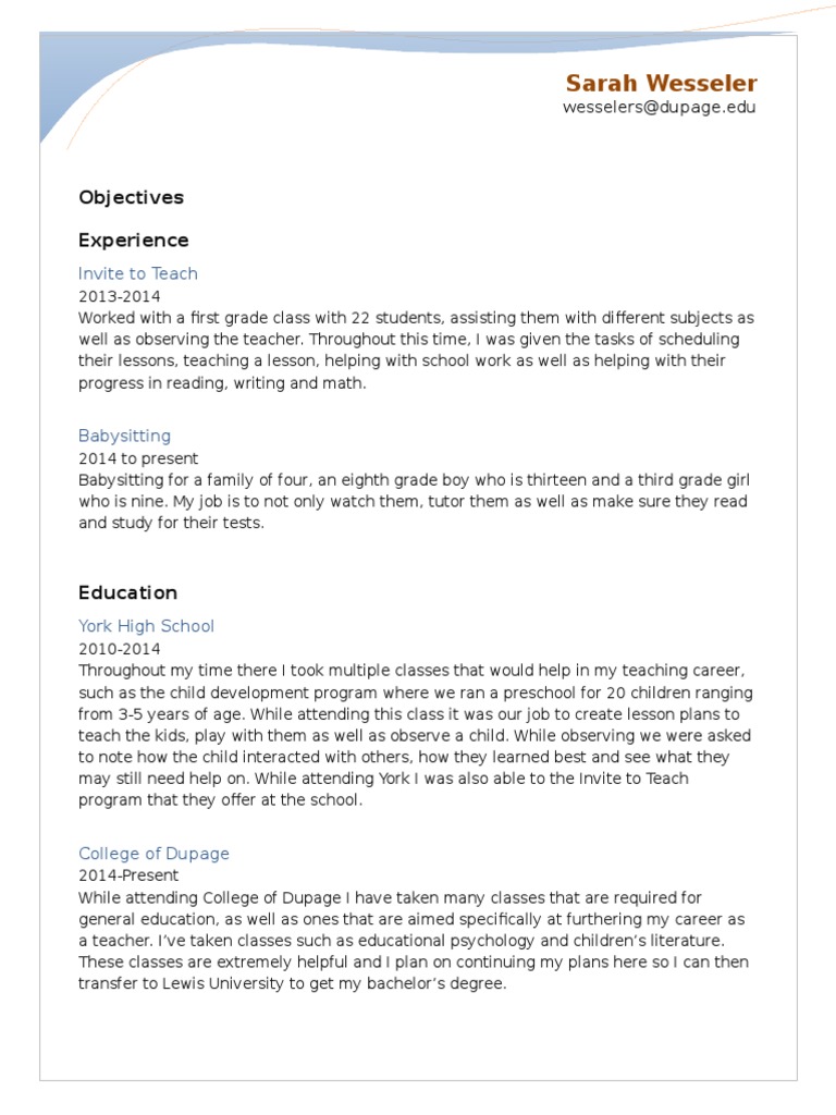 Sarah Wesseler's Teaching Experience Resume | PDF