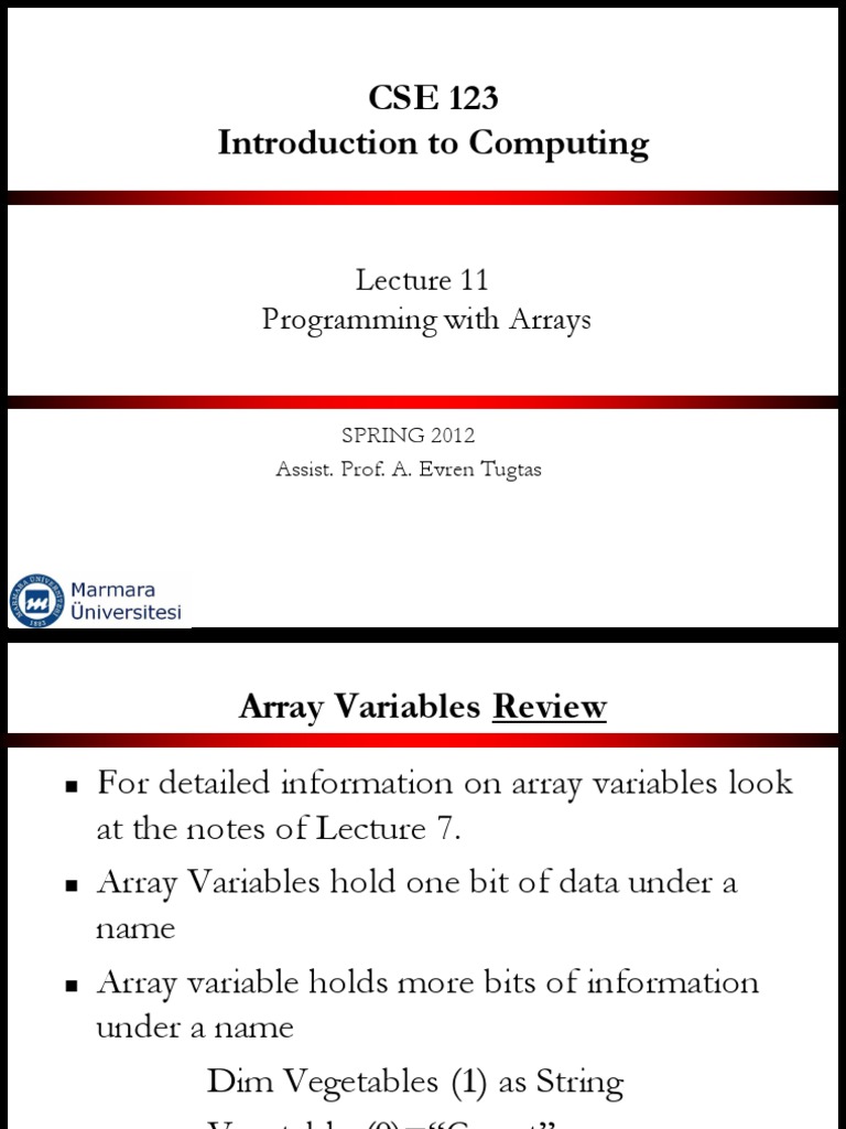 CSE 123 Introduction To Computing: Programming With Arrays | Download ...