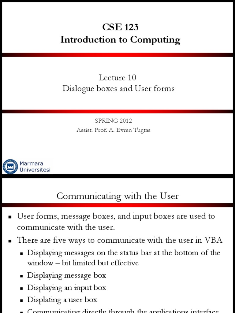 CSE 123 Introduction To Computing: Dialogue Boxes and User Forms | PDF | Microsoft Excel | Software