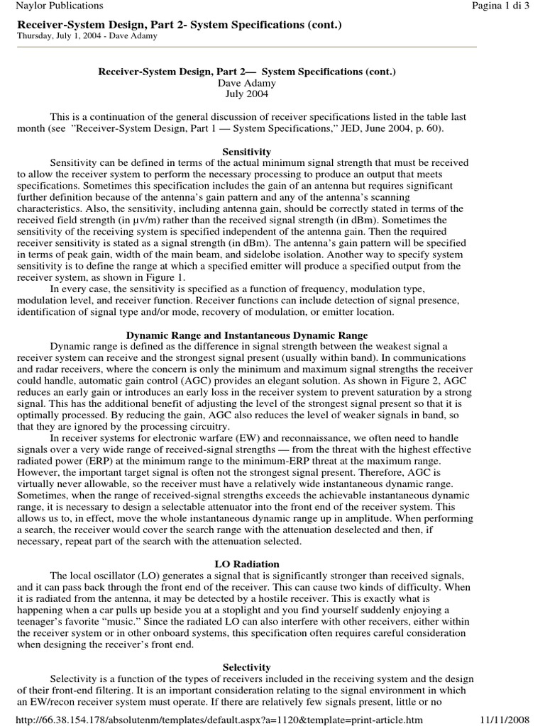 Receiver Specs for EW Systems | PDF | Wireless | Radio Technology