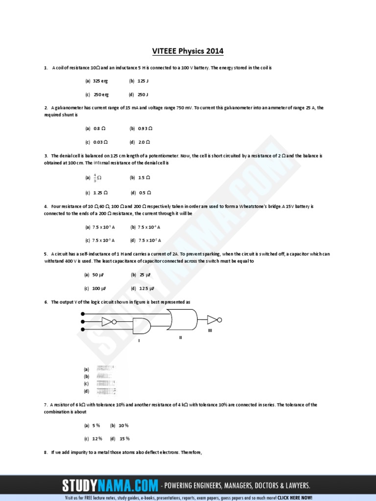 VITEEE 2014 Solved Question Paper PDF | PDF | Electric Current | Inductor