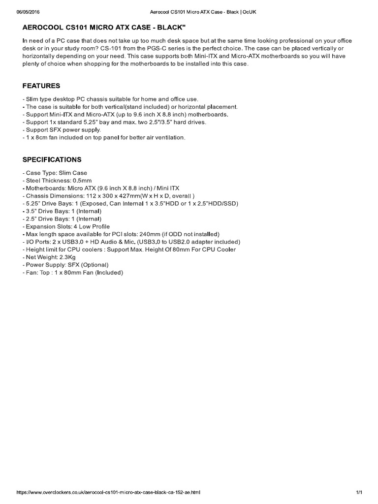 Aerocool CS101 Micro ATX Case - Black - OcUK | PDF