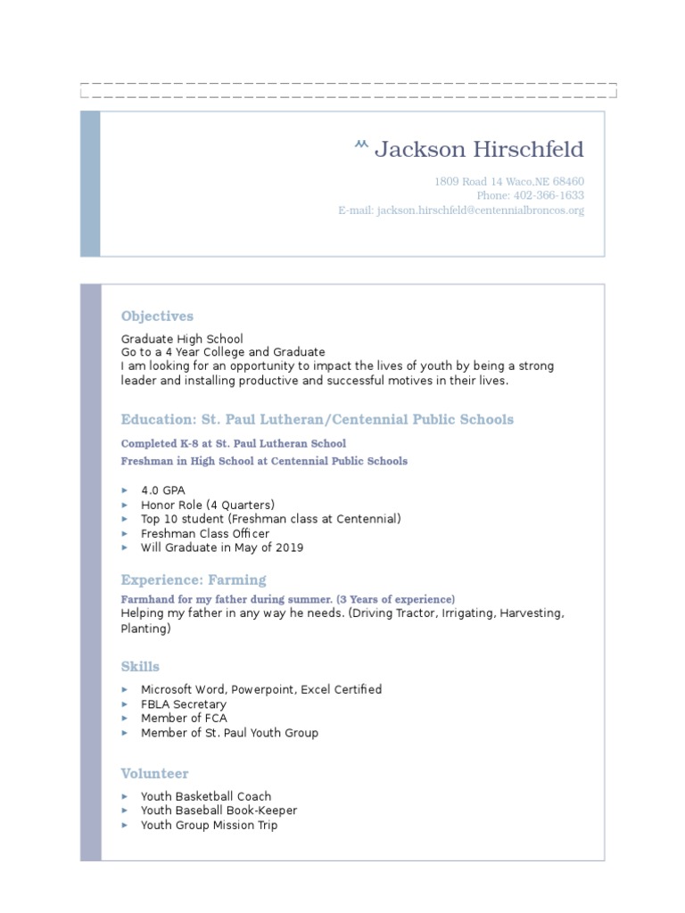 High School Resume of Jackson Hirschfeld | PDF